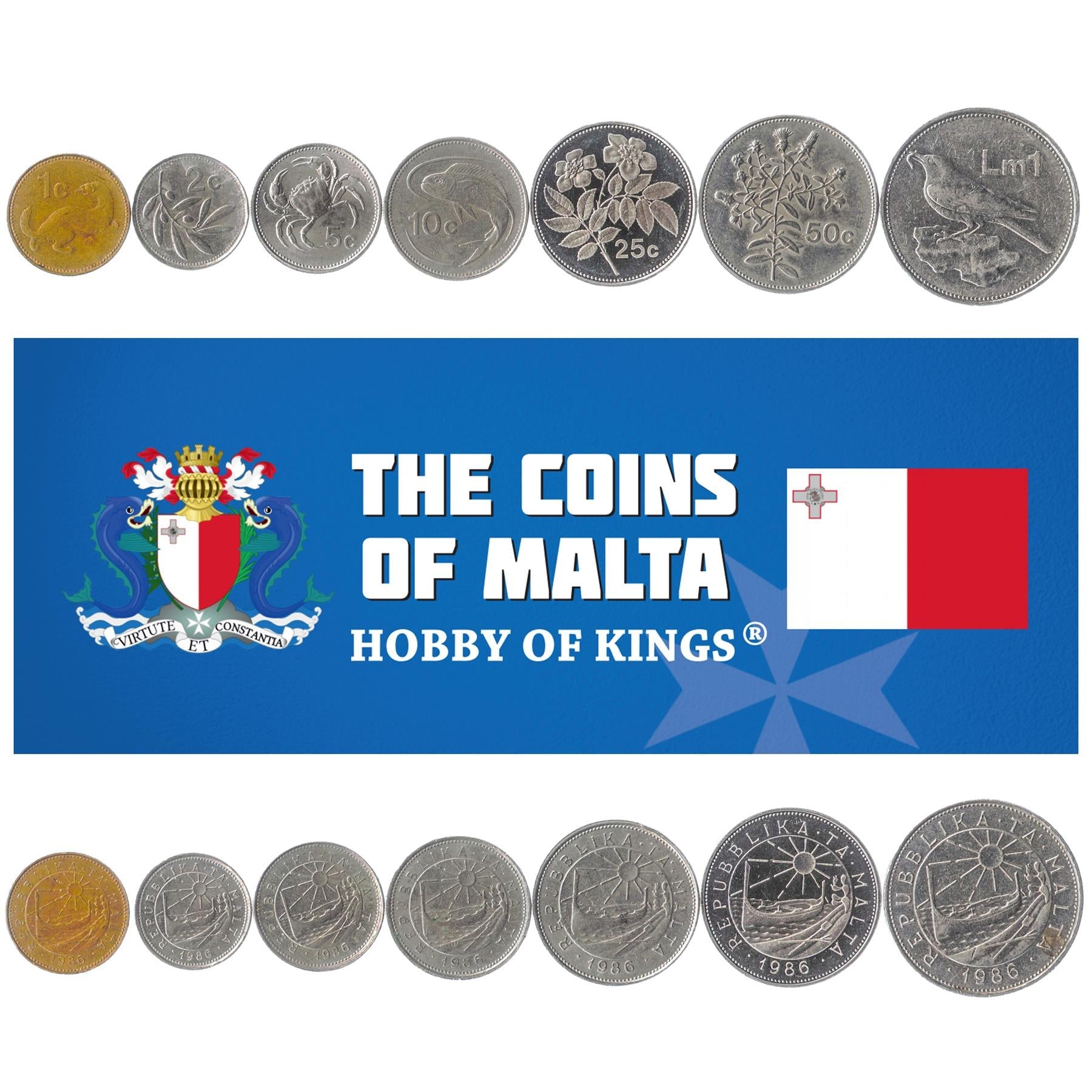 Maltese 7 Coin Set 1 2 5 10 25 50 Cents 1 Lira | Blue Rock Thrush | Ma