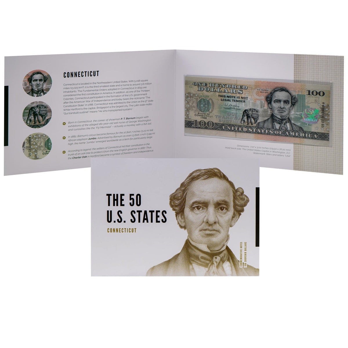 USA 100 Dollar Note | Connecticut Commemorative Souvenir | P.T. Barnum