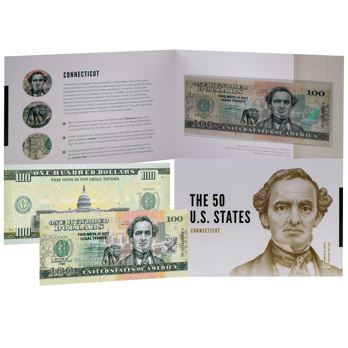 USA 100 Dollar Note | Connecticut Commemorative Souvenir | P.T. Barnum