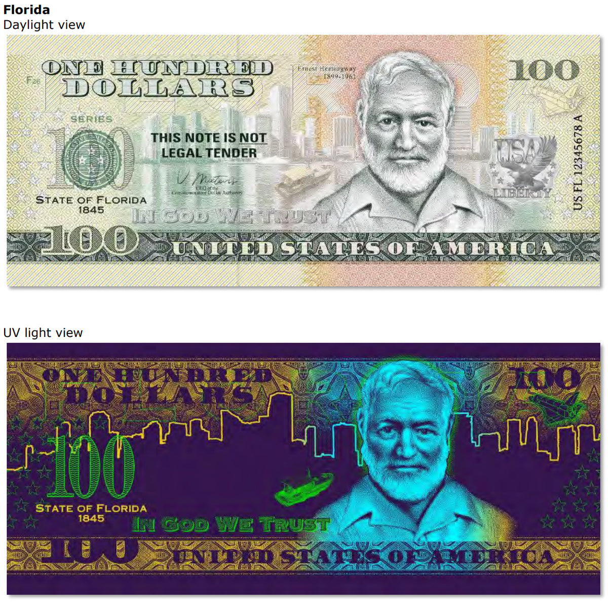 USA 100 Dollar Note | Florida Commemorative Souvenir | Ernest Hemingwa